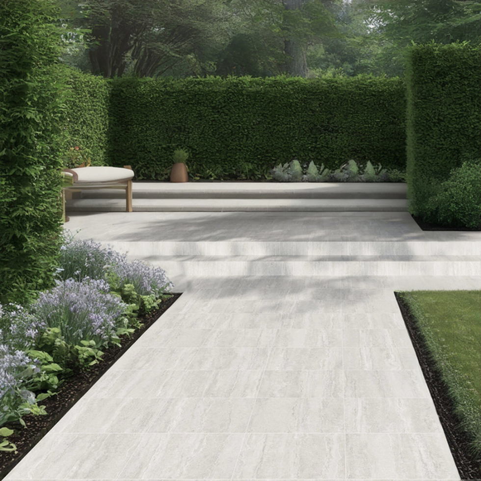 Travertino Ivory Outdoor Porcelain Paving Slabs - 592x592x20